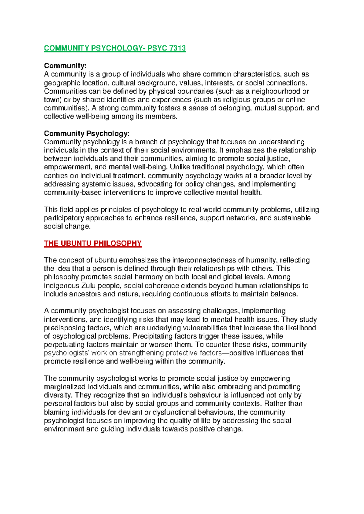 COMMUNITY PSYC 7313 Community Psychology Notes: Understanding and ...