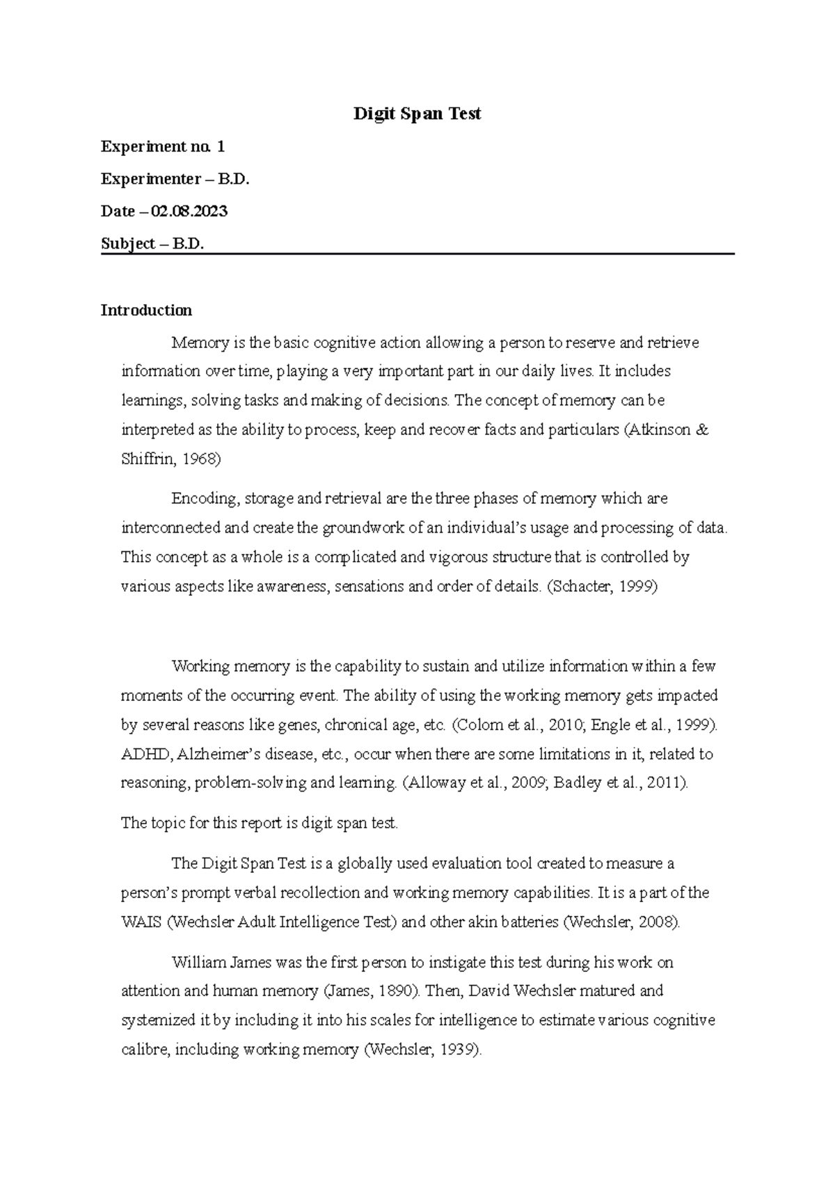 Digit Span Test Report - Examining Working Memory (2333818) - Studocu
