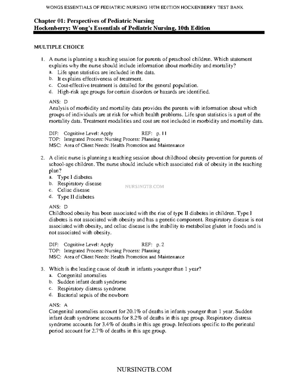 Test Bank Chapter 1 - NURSINGTB Chapter 01: Perspectives of Pediatric ...