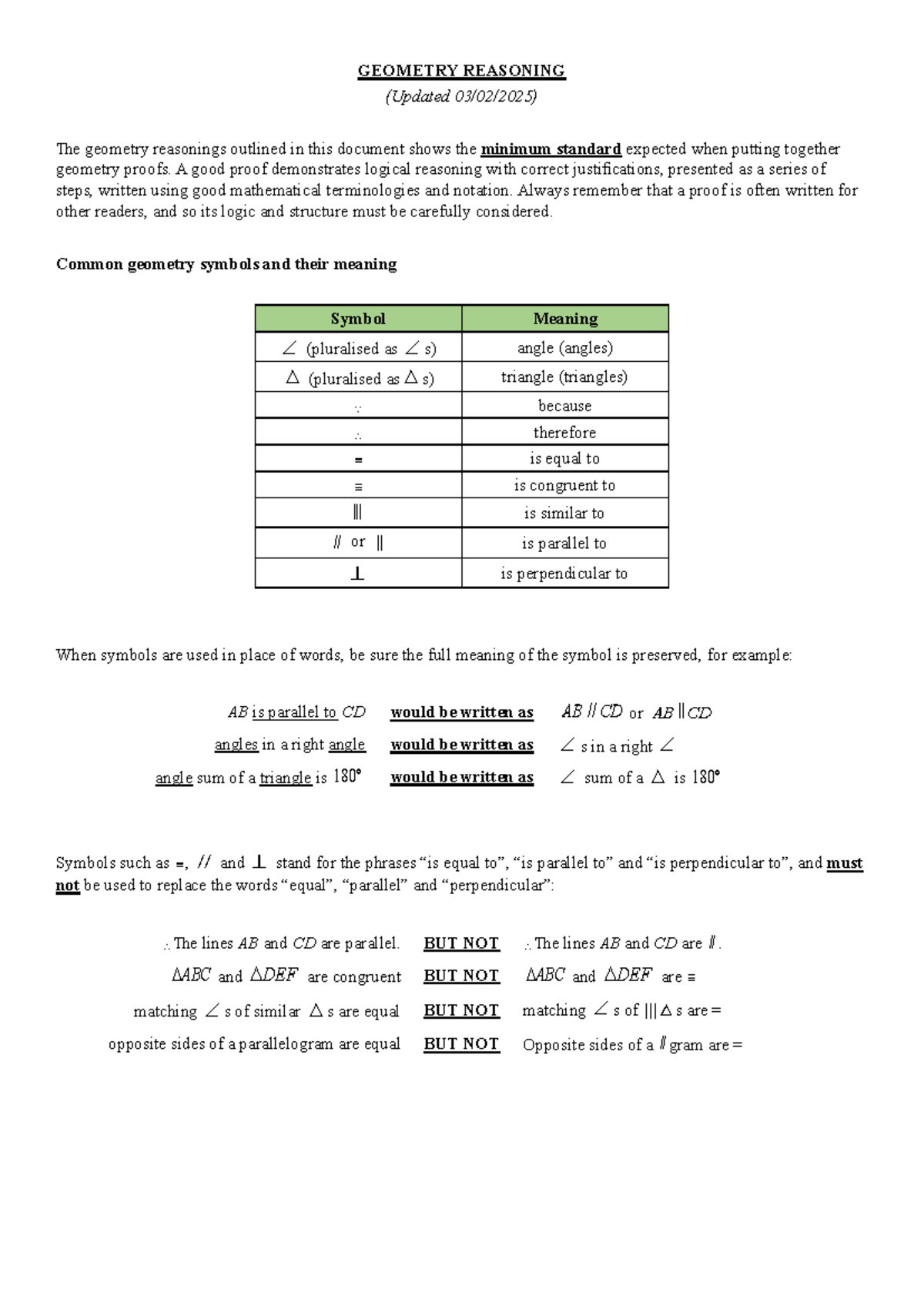 Geometry Reasoning: Standards for Proofs and Justifications - Studocu