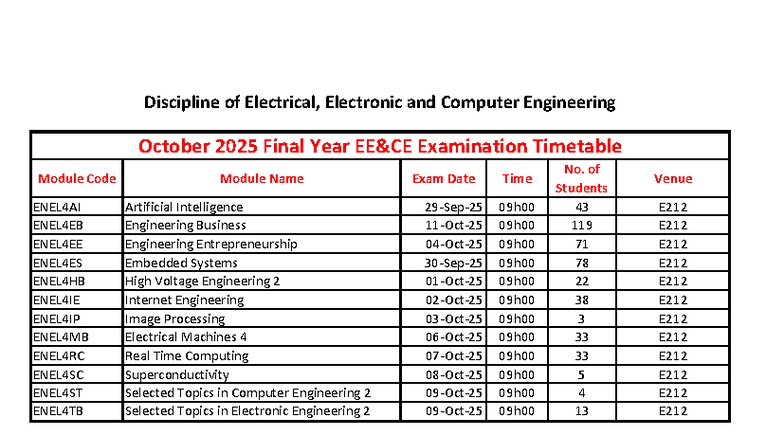 2025 ENEL Final Year Exam Timetable for EE & CE Modules - Studocu