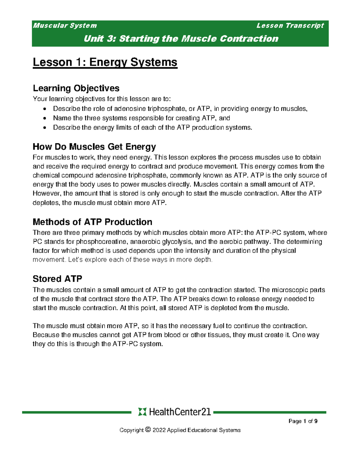 Muscular System: ATP Production and Muscle Contraction Mechanisms ...