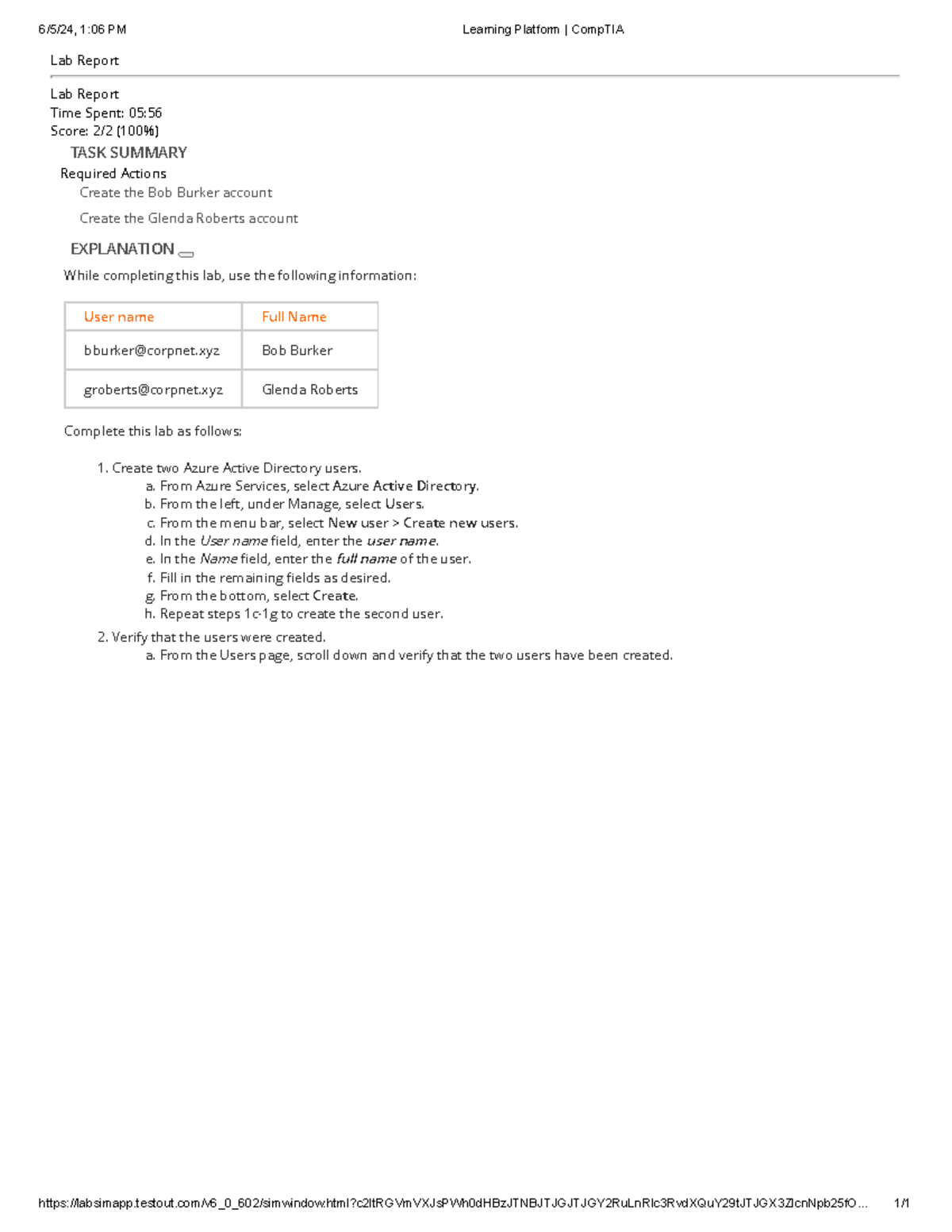 5.4.8 - Lab Report on Managing Users in Azure AD Simulation - Studocu