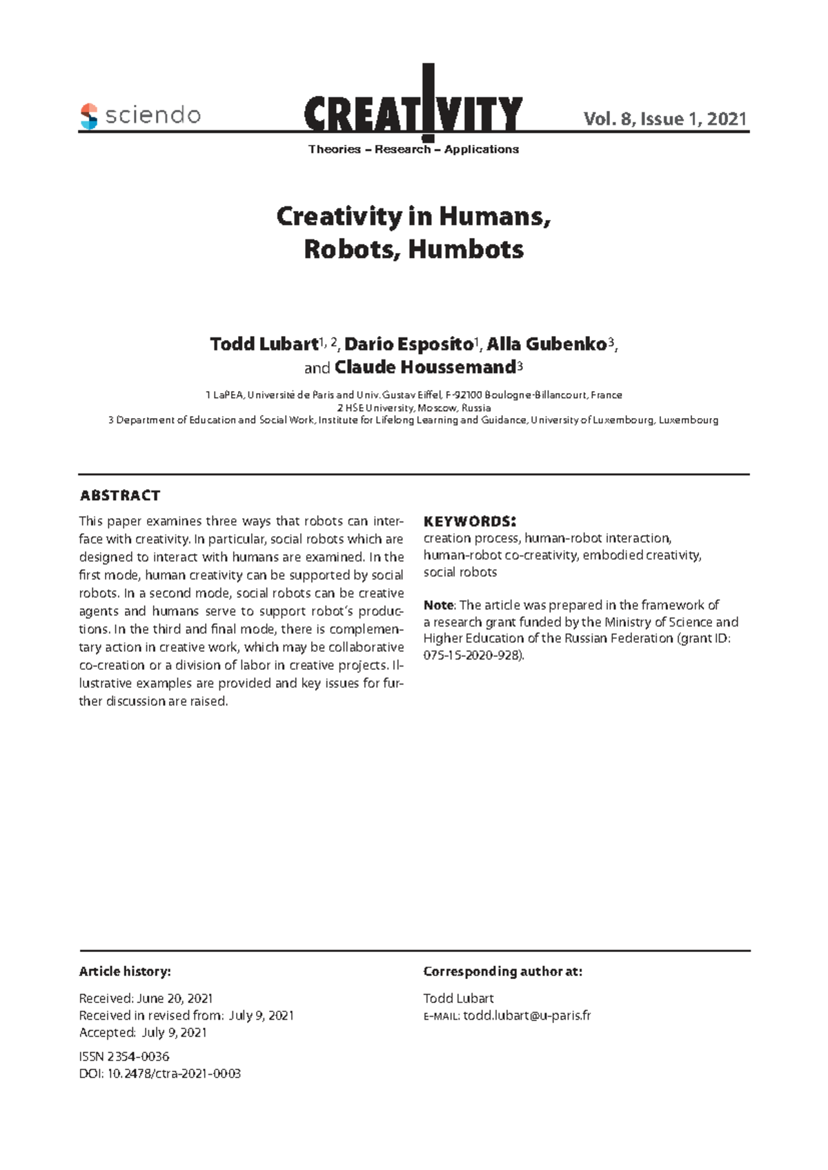 Creativity in Humans, Robots, and Humbots: Theories & Applications ...
