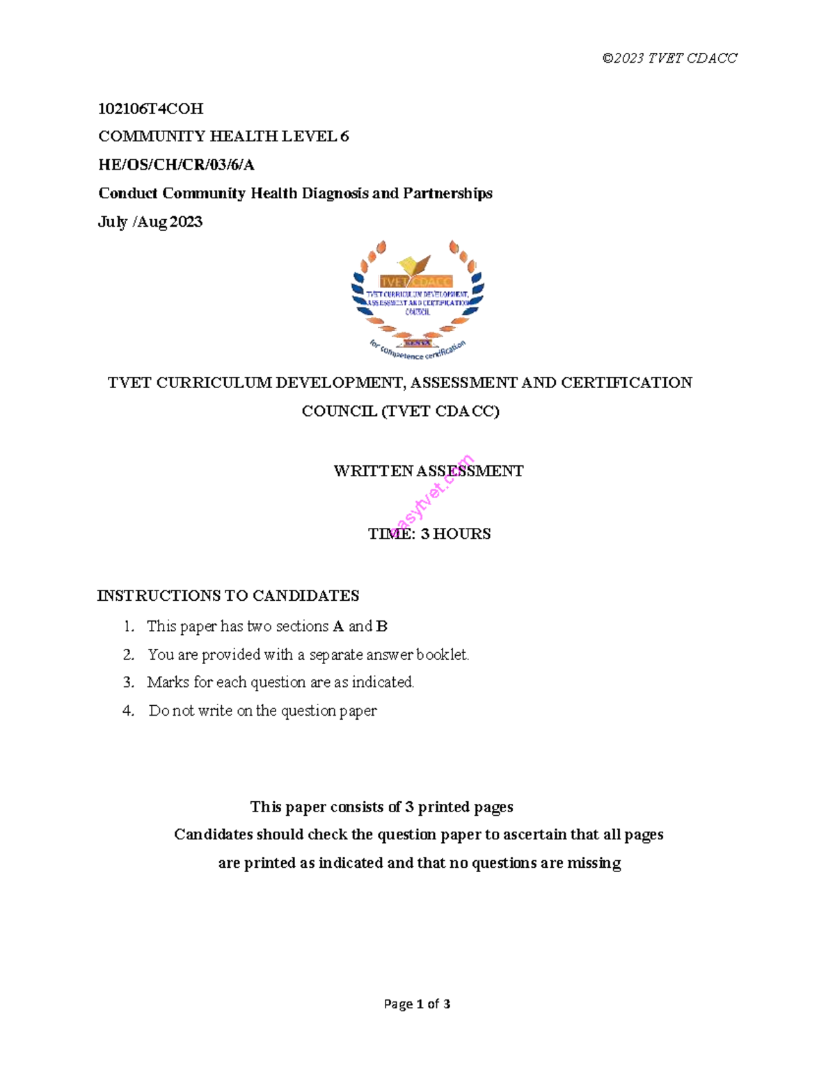 TVET CDACC 102106T4COH Community Health Diagnosis Practice Paper July ...