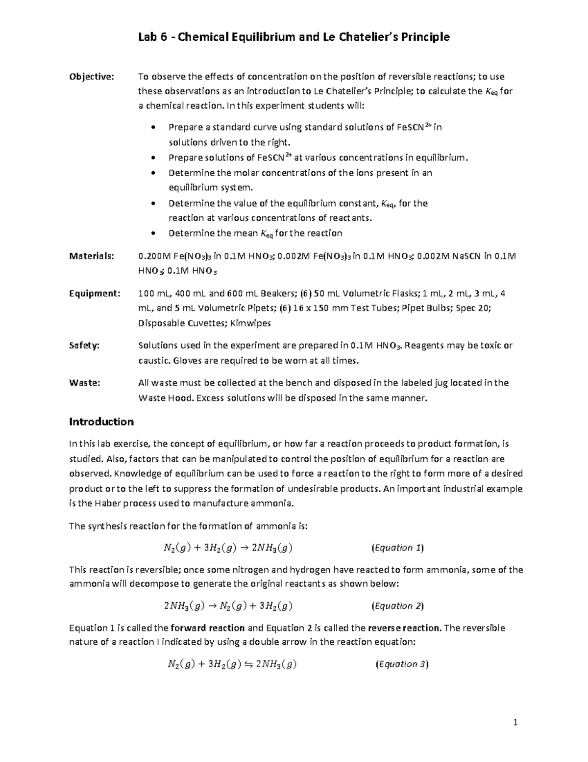 Lab 6 - Chemical Equilibrium Handout - Objective: To observe the ...
