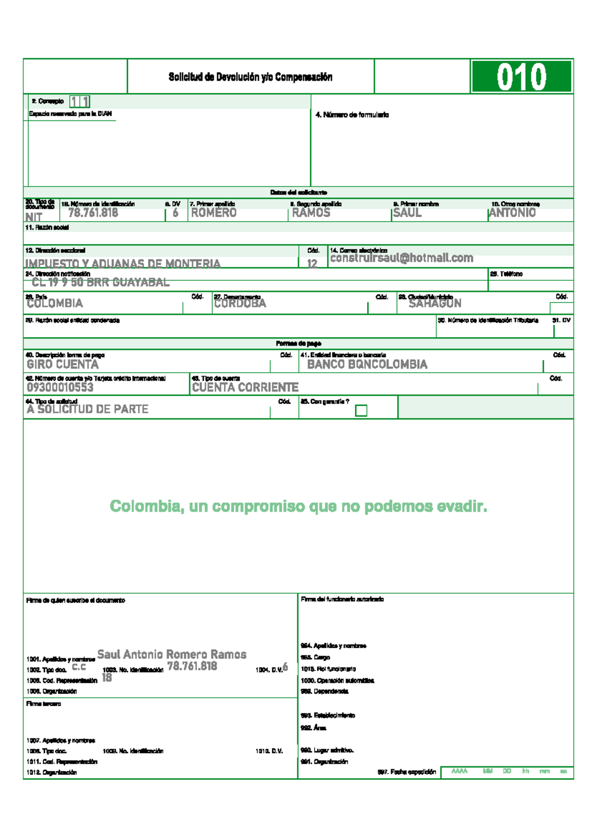 Solicitud de Devolución y Compensación Formato 010 DIAN - Studocu