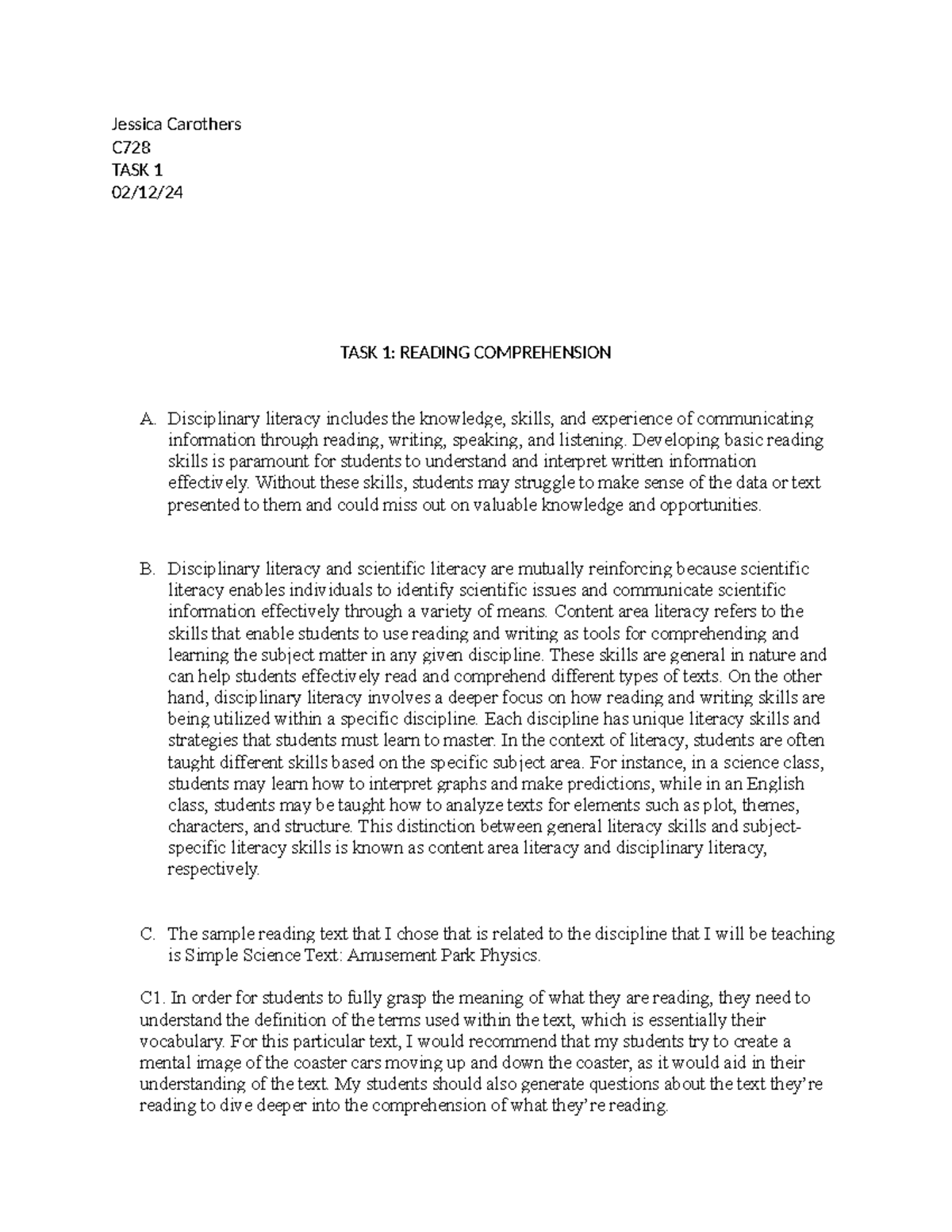 C728 - Task 1: Disciplinary Literacy & Reading Comprehension Insights ...