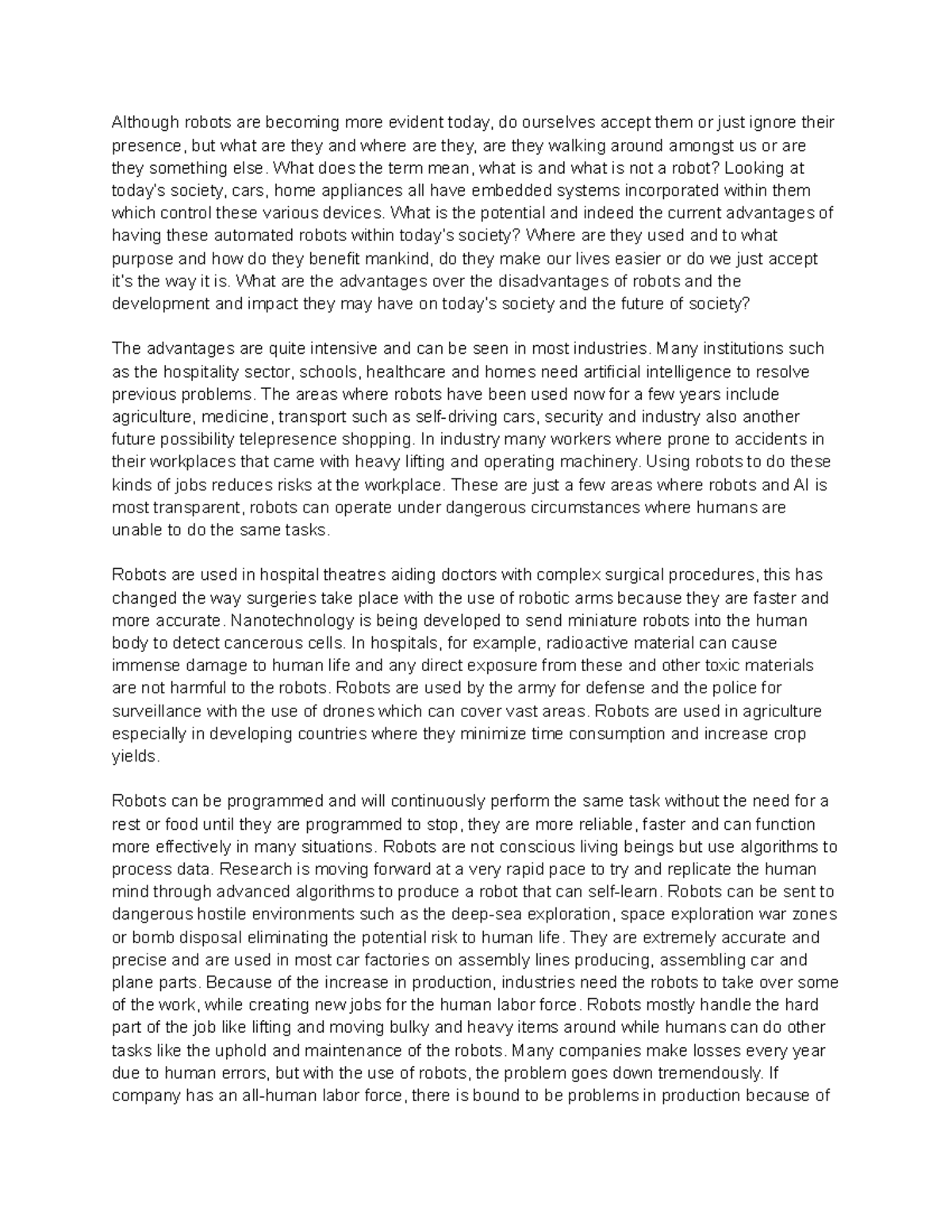 Essay on Advantages and Disadvantages of Robots in Society - Studocu
