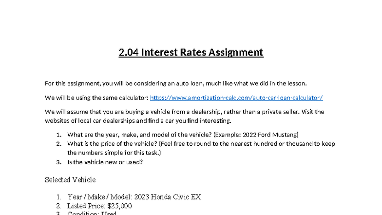 2.04 Interest Rates Assignment: Analyzing Auto Loan Scenarios - Studocu