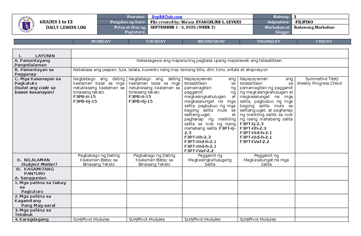 DLL Filipino 3 Q2 W2: Daily Lesson Log for Grades 1-12 - Studocu