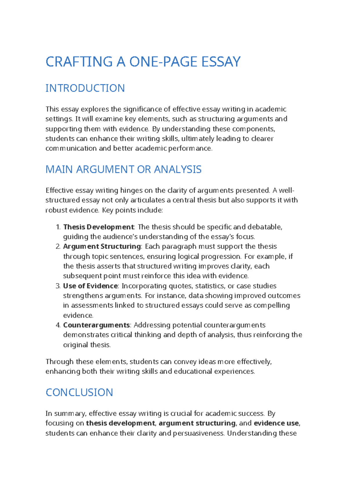 Crafting a One-Page Essay - CRAFTING A ONE-PAGE ESSAY INTRODUCTION This ...