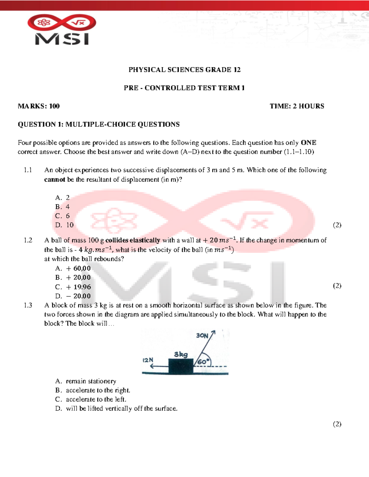 Physics Grade 12 Term 1 Controlled Test Questions and Solutions - Studocu