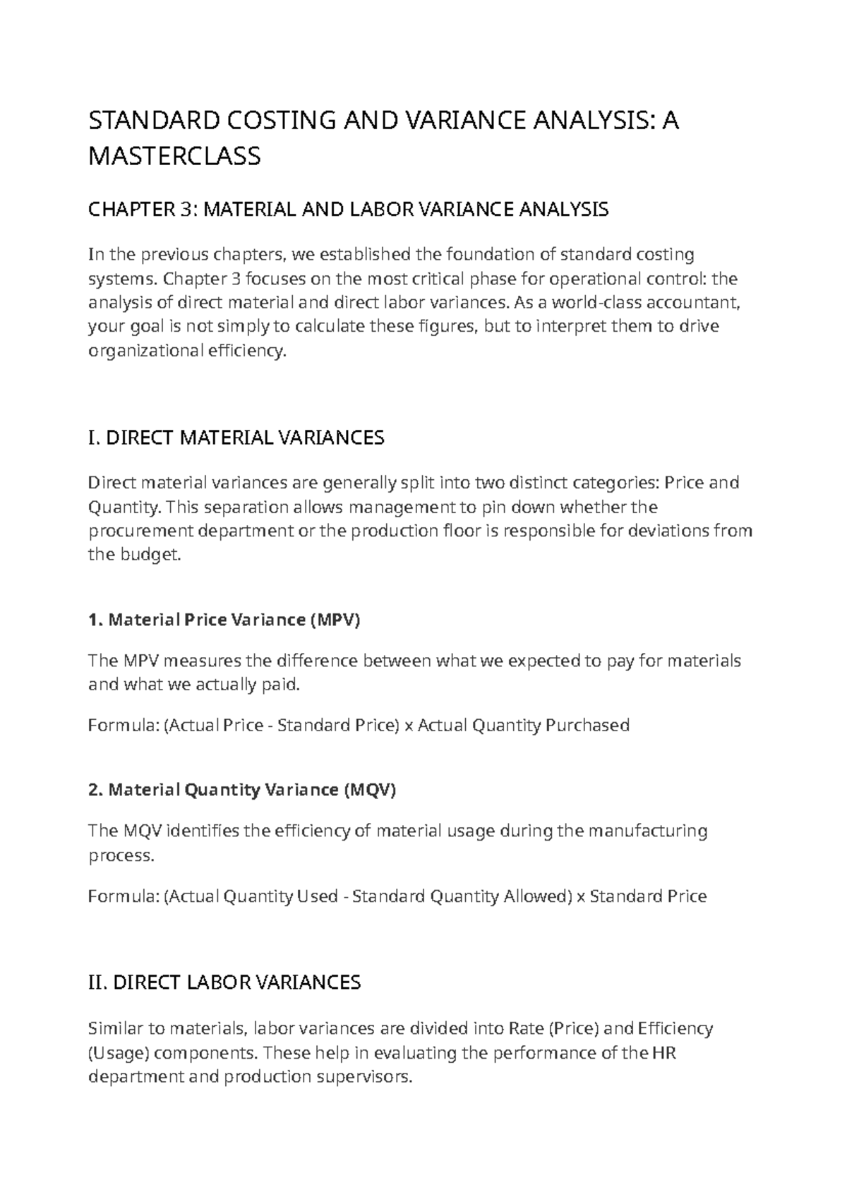 STANDARD COSTING & VARIANCE ANALYSIS: CH 3 - MATERIAL & LABOR VARIANCES ...