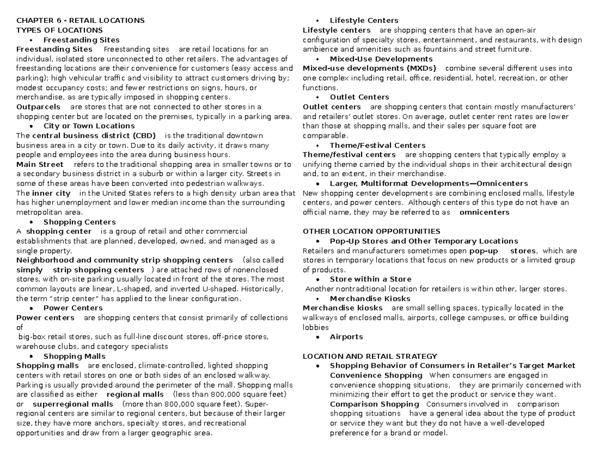 Chapter 6 Retail Management - CHAPTER 6 - RETAIL LOCATIONS TYPES OF ...