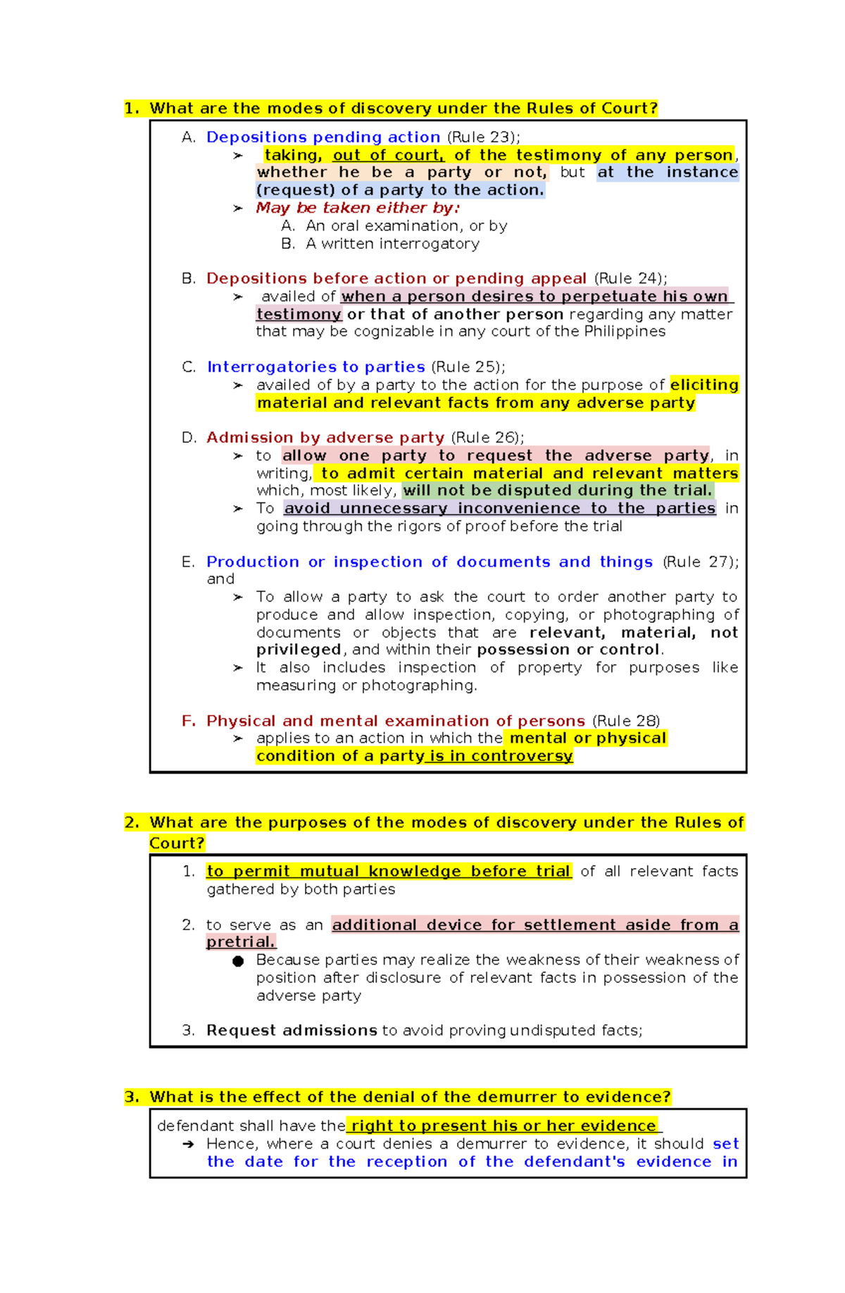 Additional Questions on Civil Procedure (CIVPRO) - Discovery Modes and ...