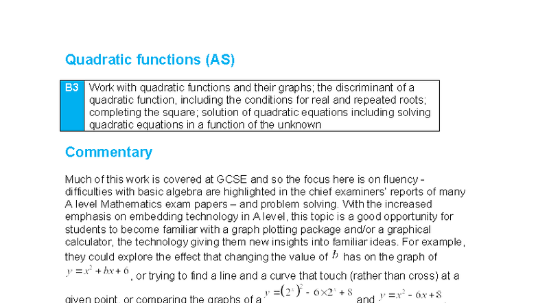 Quadratic Functions (AS) B3: Exploring Discriminants and Graphs - Studocu