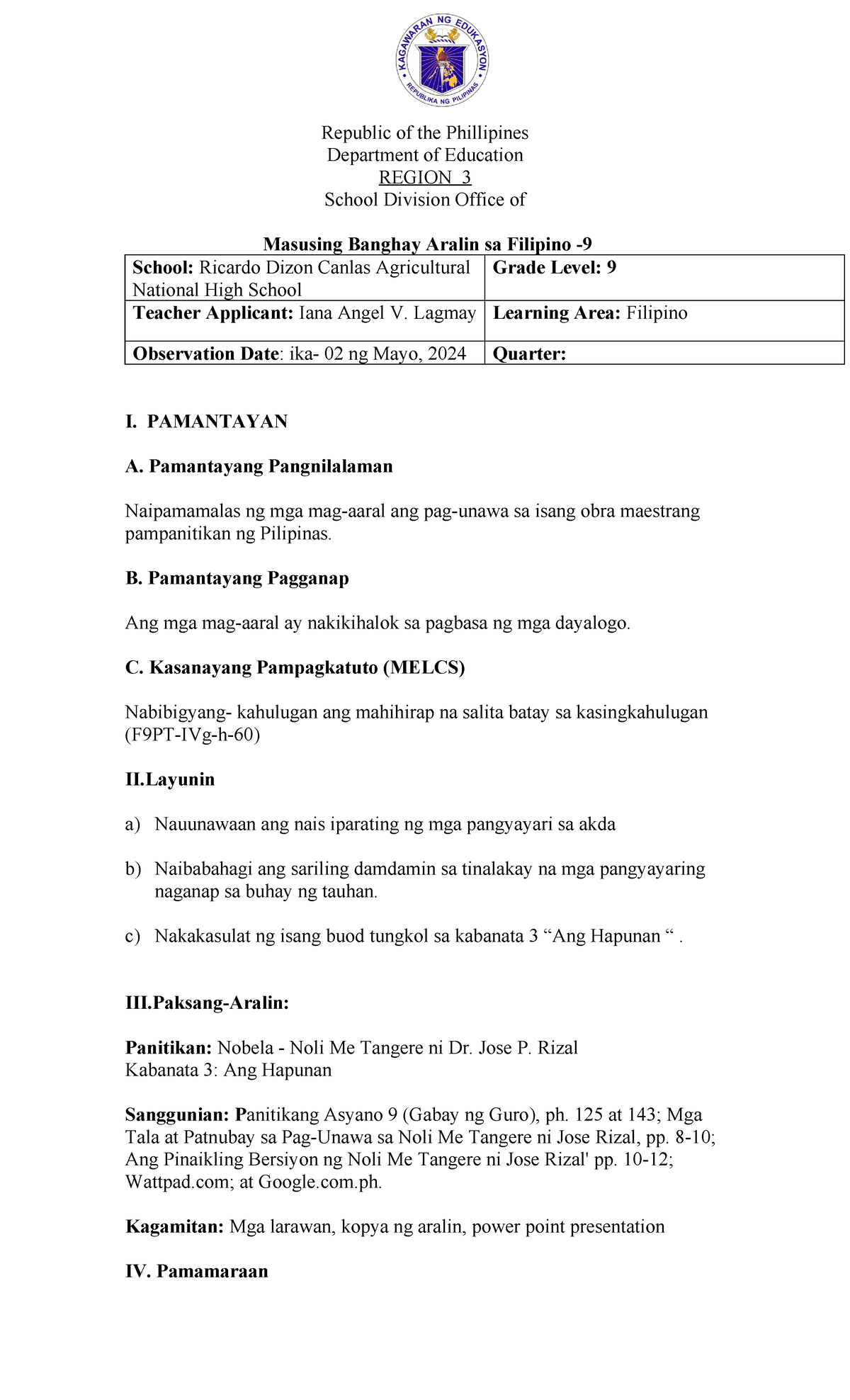 Banghay Aralin: Noli Me Tangere Kabanata 3 - Ang Hapunan (Fil 9) - Studocu