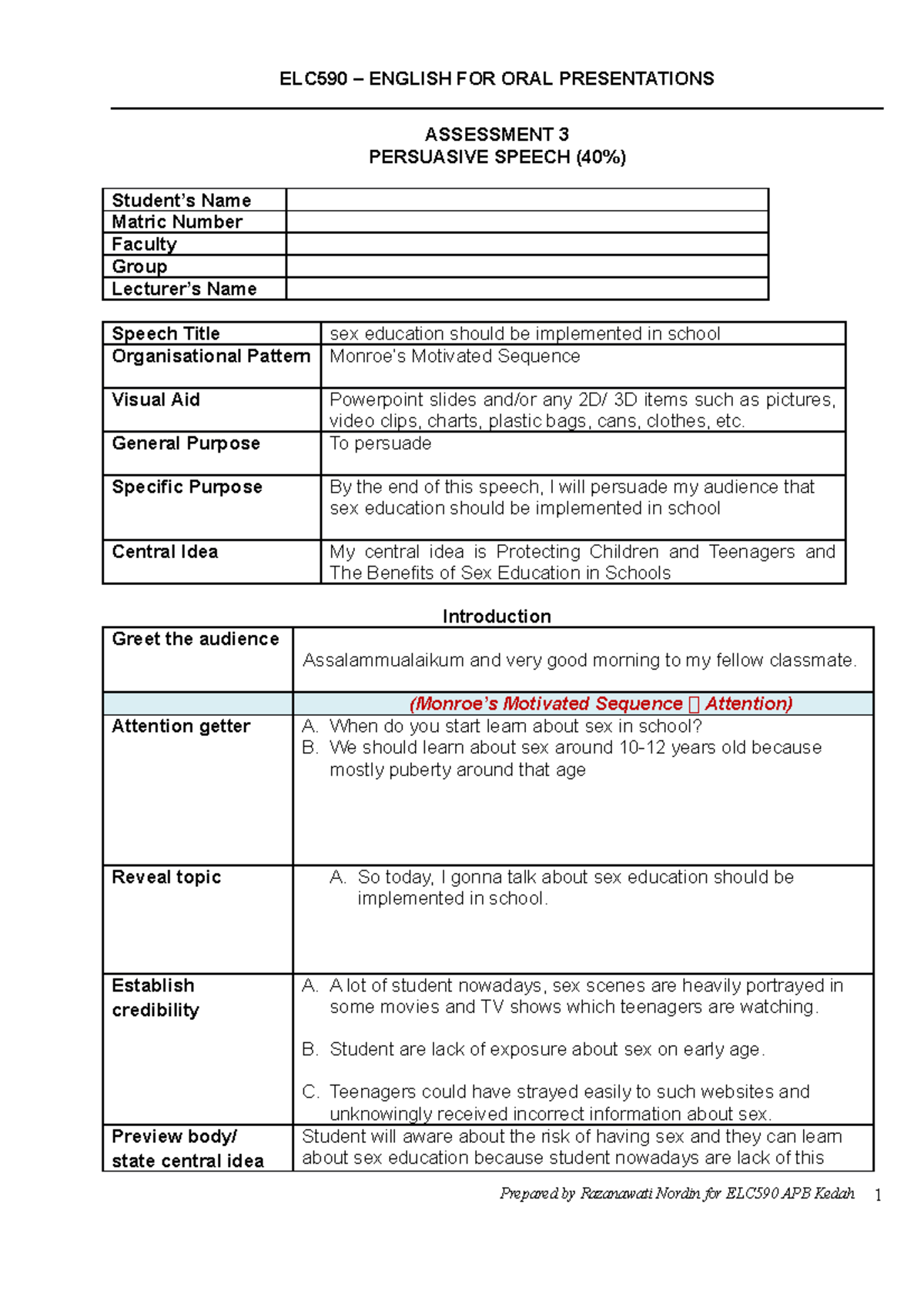 ELC590 Assessment 3 Persuasive Speech - ELC590 – ENGLISH FOR ORAL ...