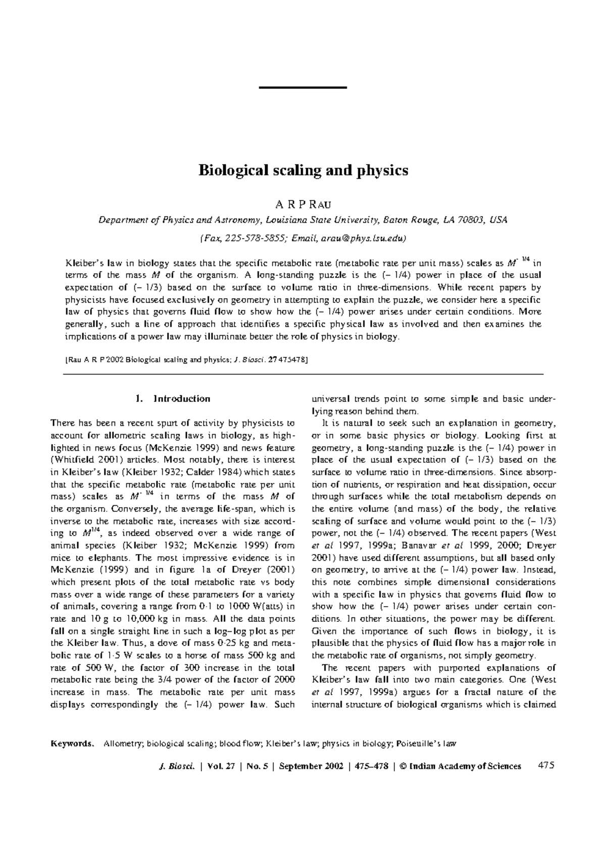 Biological Scaling and Fluid Dynamics: Insights from Physics (PHYS 2002 ...