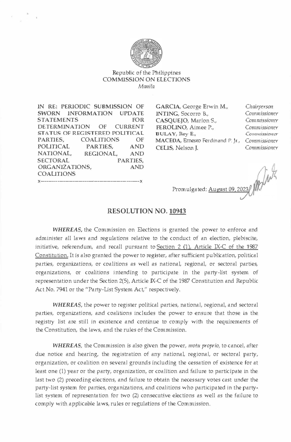 COMELEC Res. No. 10943: Sworn Information Update Submission Guidelines ...