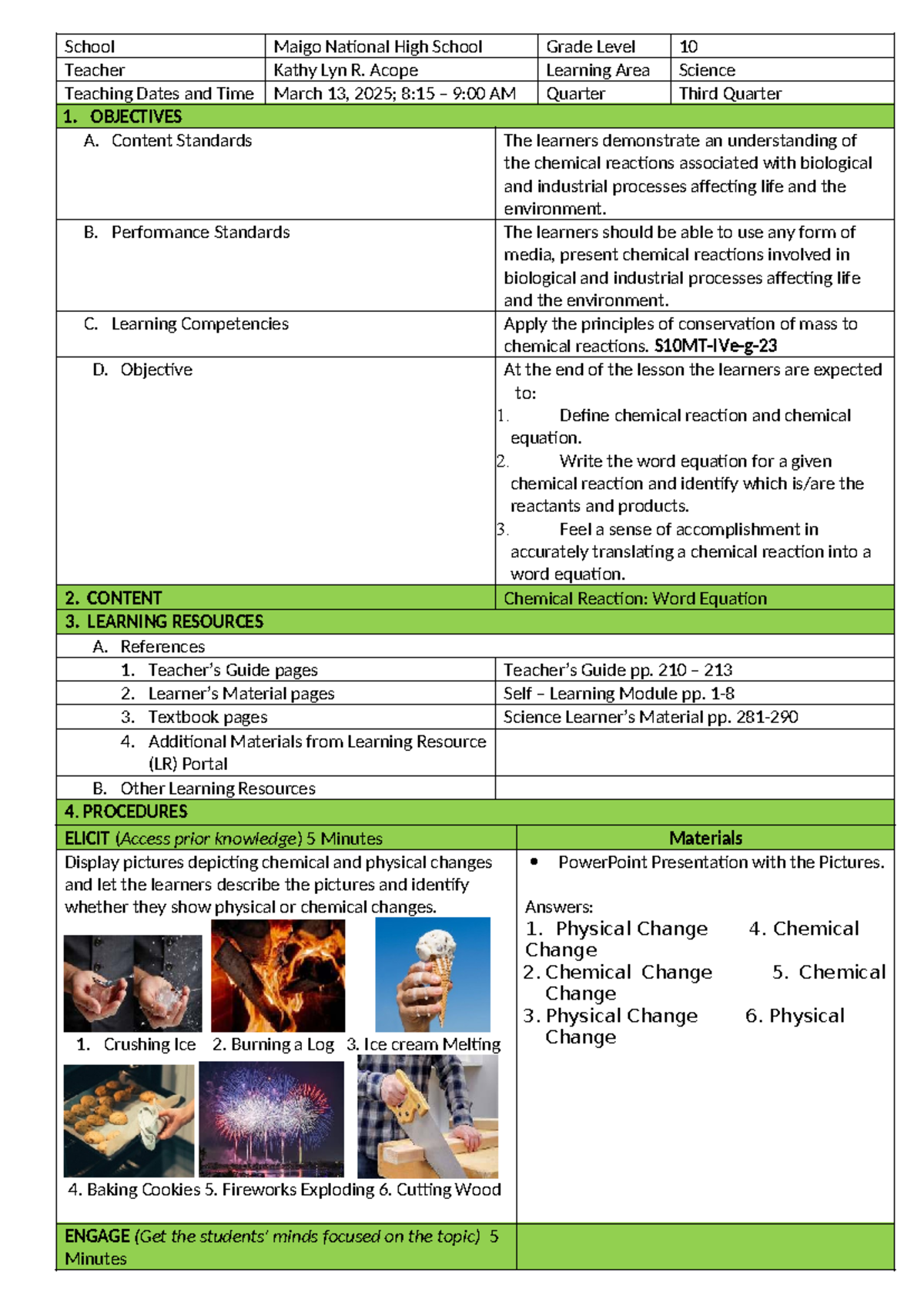 10th Grade Science Lesson: Understanding Chemical Reactions - Studocu