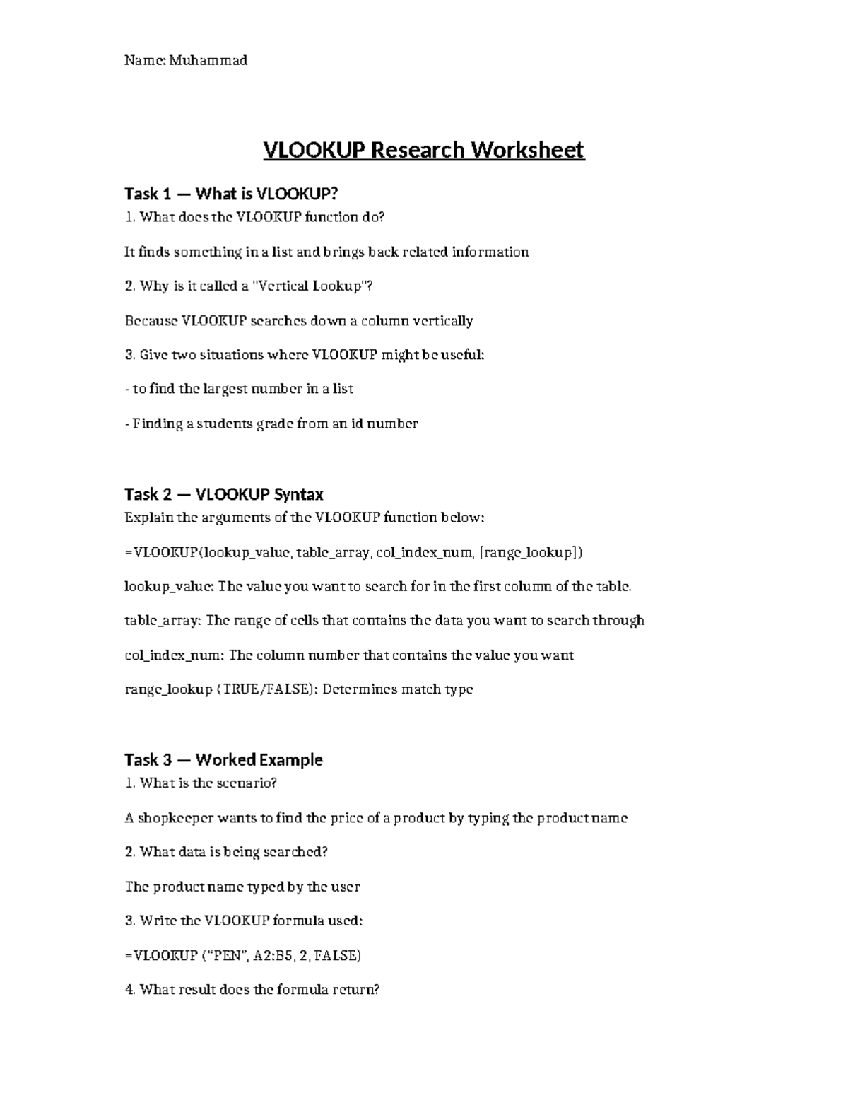 VLOOKUP Research Worksheet: Understanding and Applications - Studocu