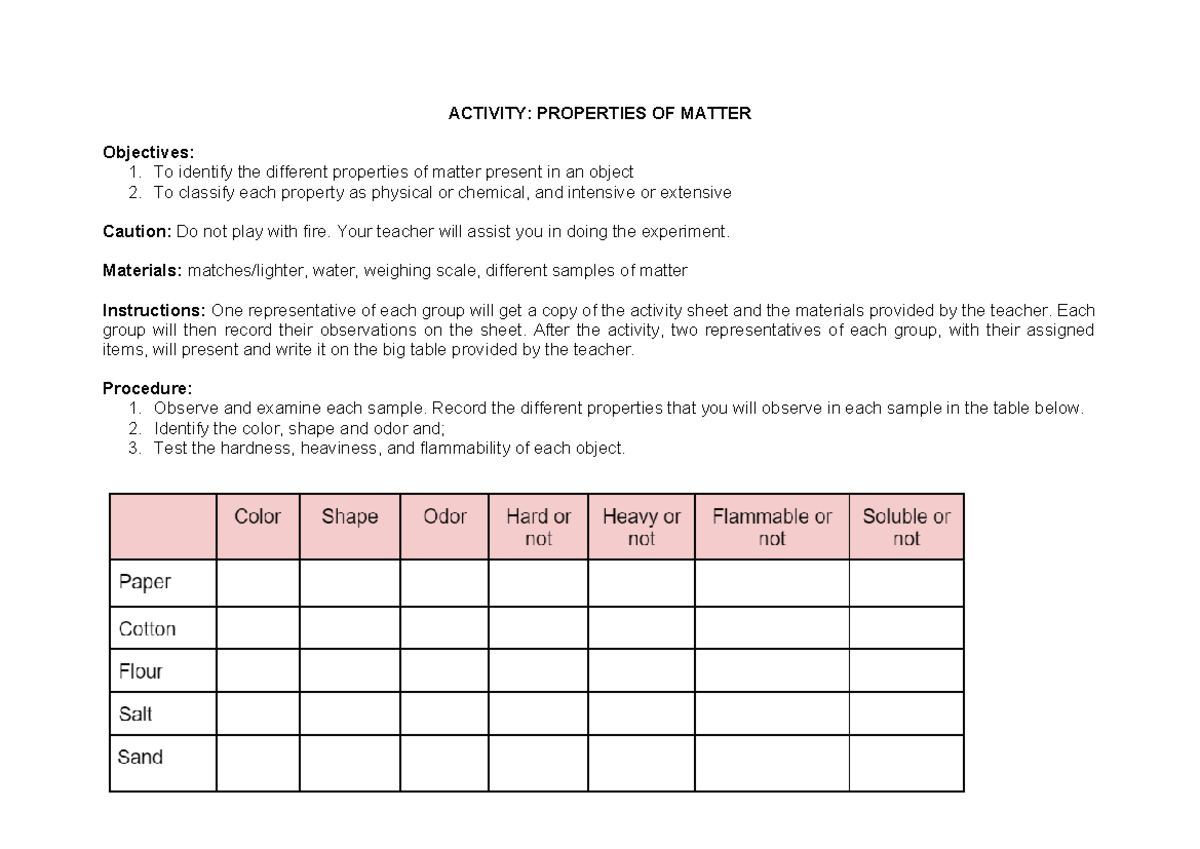 Activity - lecture lecture - ACTIVITY: PROPERTIES OF MATTER Objectives ...