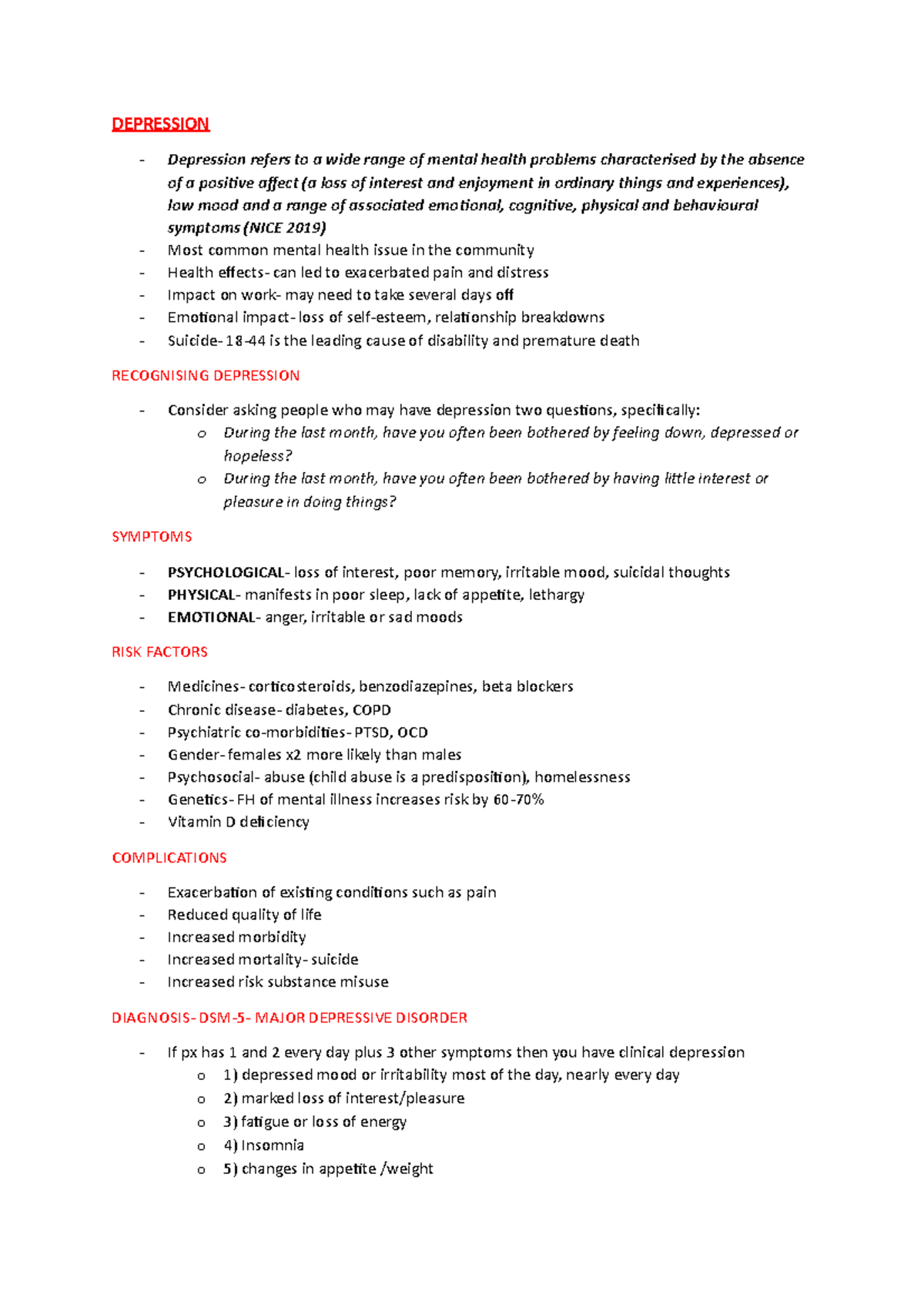 Depression - Lecture Notes on Clinical Understanding (Lec 1-4) - Studocu