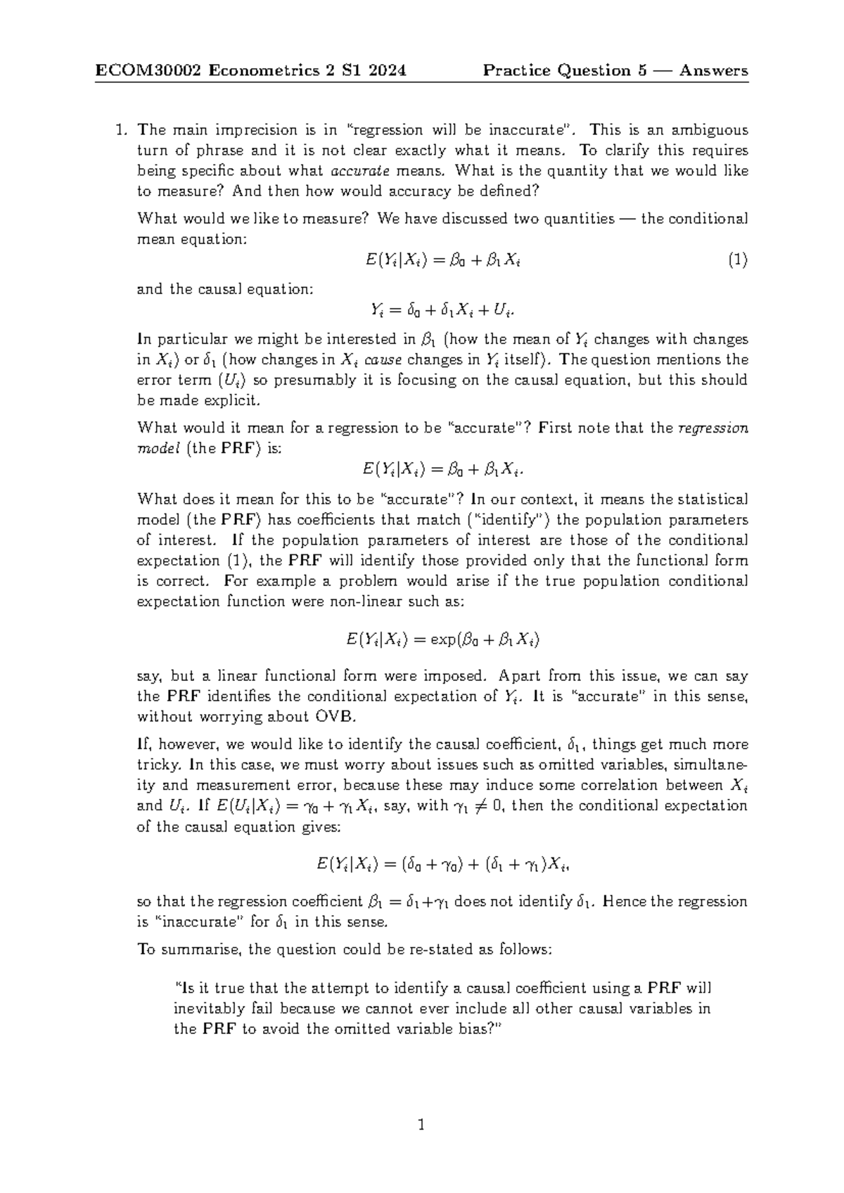 ECOM30002 Econometrics 2 S1 2024 Practice Question 5 - Answer Key - Studocu