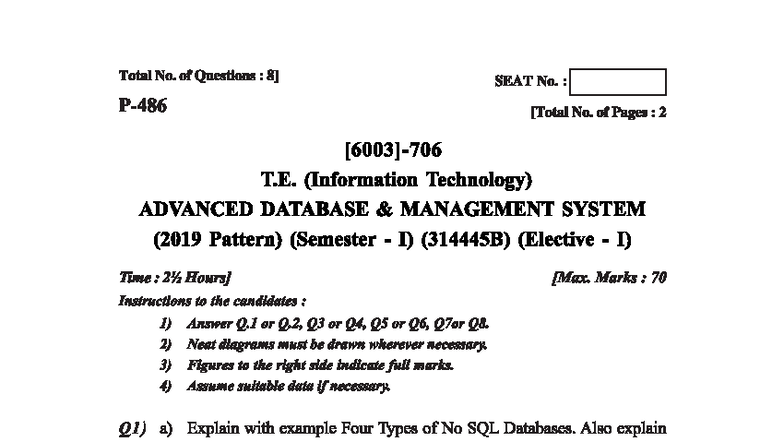 T.E. (IT) Advanced DBMS Exam Paper (2019 Pattern) - Sem I - Studocu