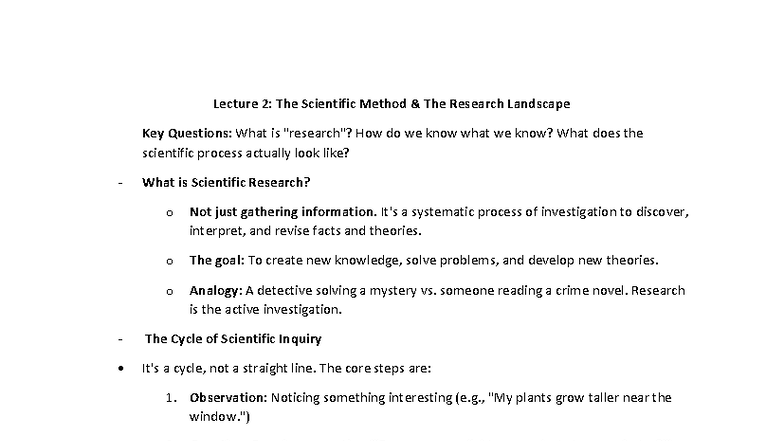 Lecture 2: The Scientific Method & Research Landscape Notes - Studocu