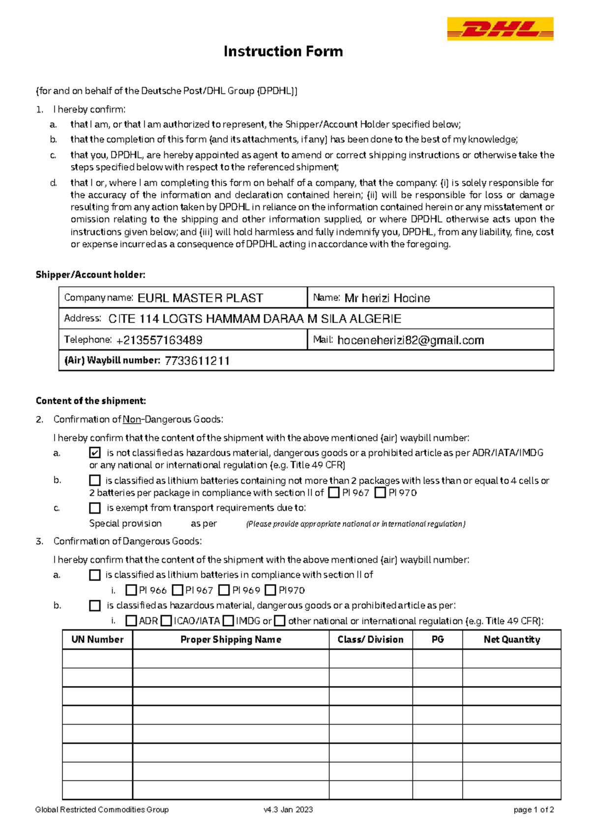 DPDHL Instruction Form for Global Restricted Commodities 2023-01 - Studocu