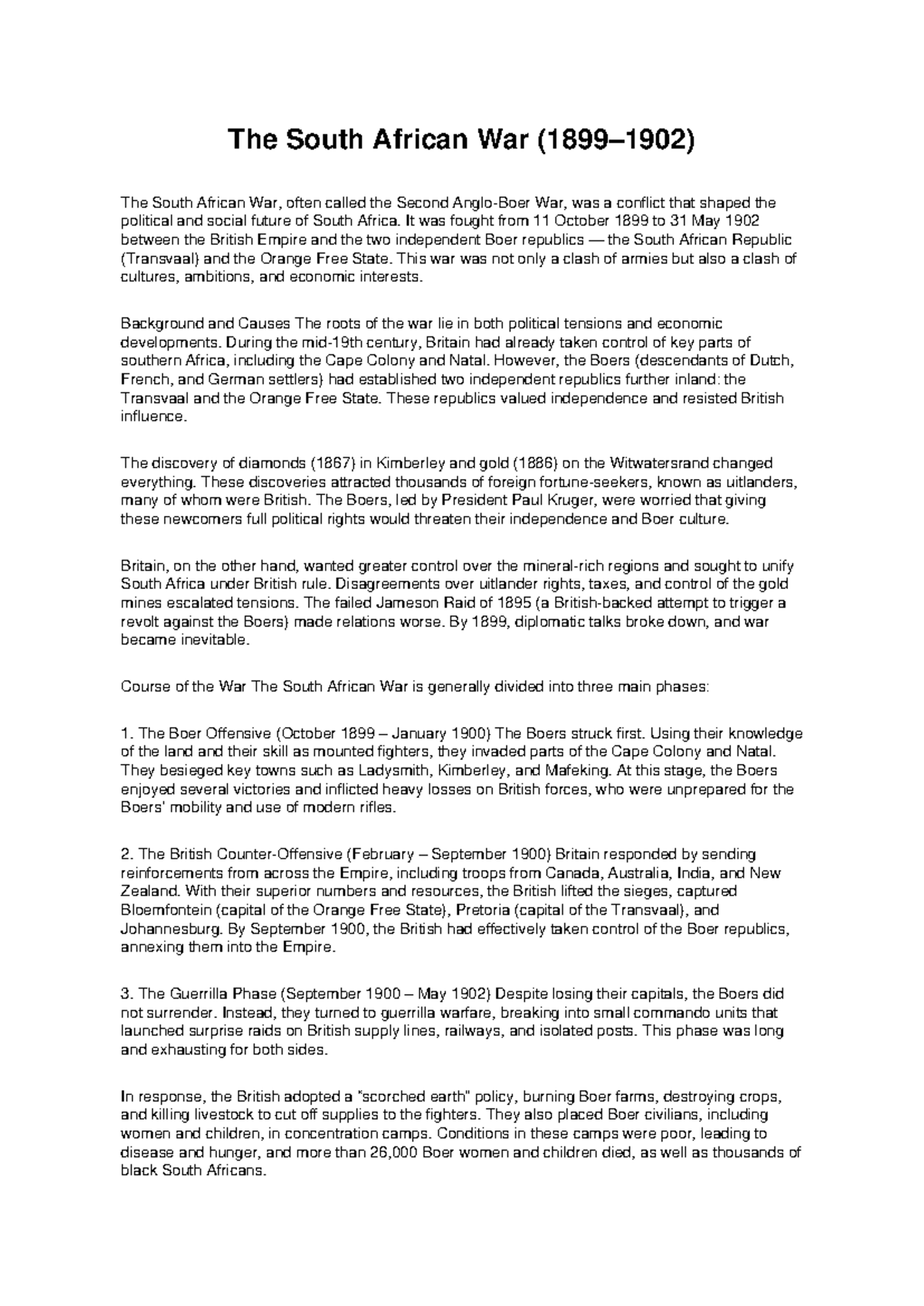 The South African War (1899-1902): Causes, Phases, and Impact - Studocu