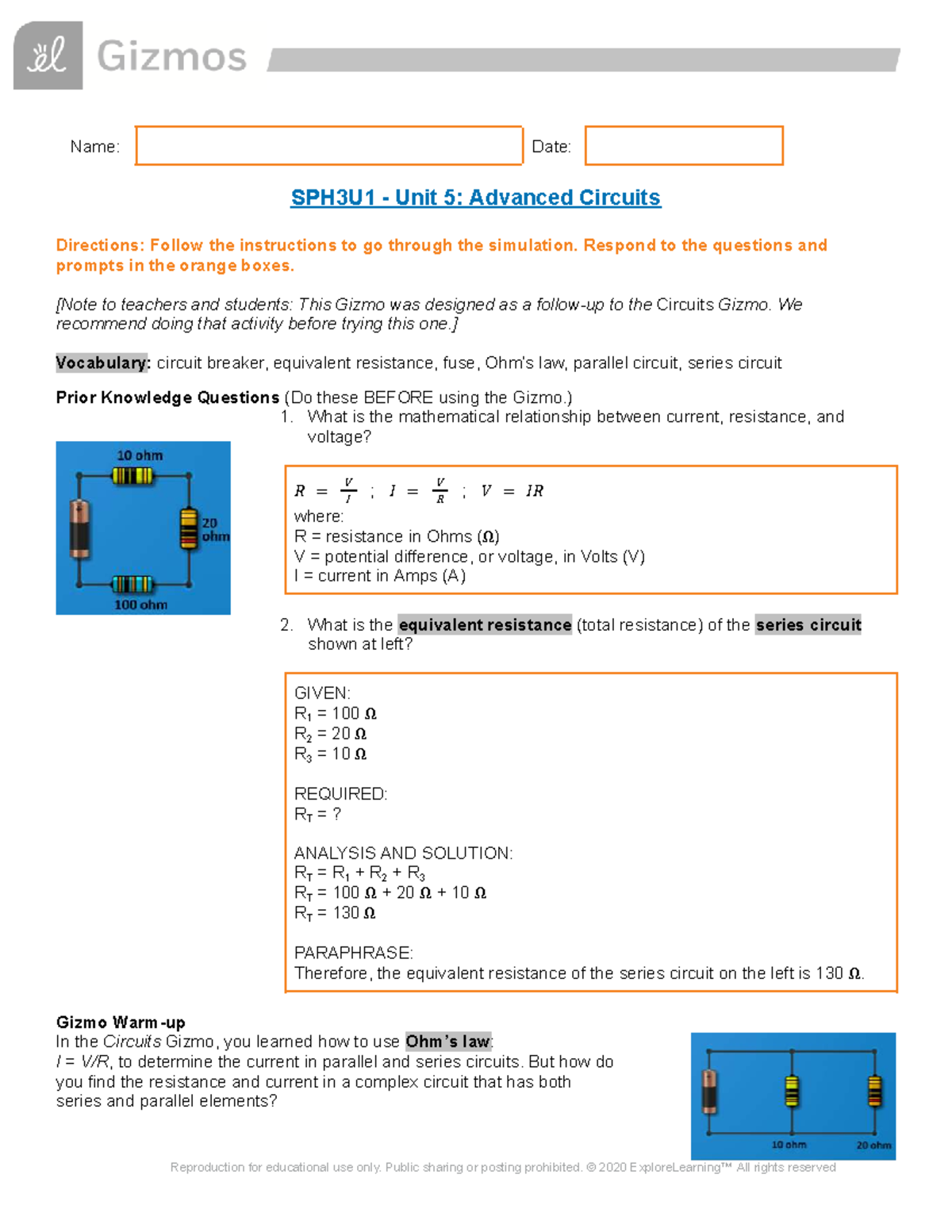 Advanced Circuits Gizmo Lab: SPH3U1 Unit 5 Simulation Guide - Studocu