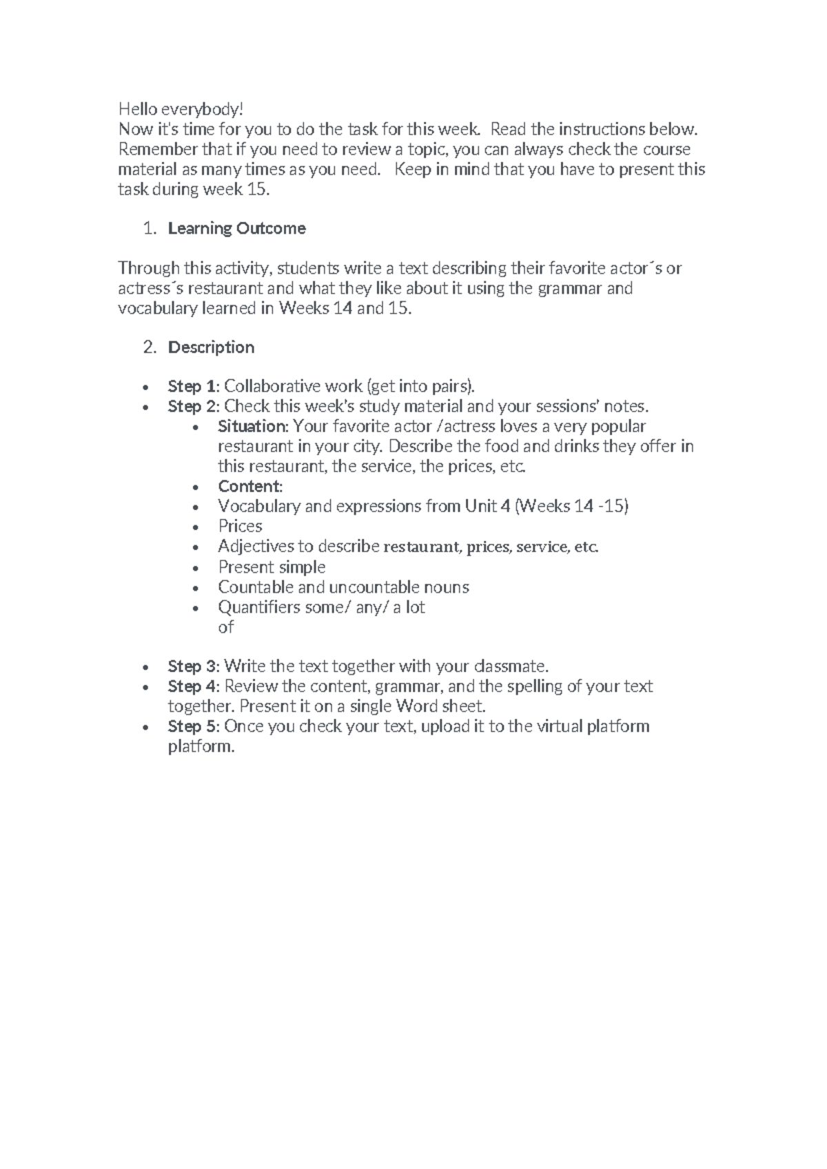 (AC-S15) Week 15 Writing Task: Describing My Favorite Restaurant - Studocu