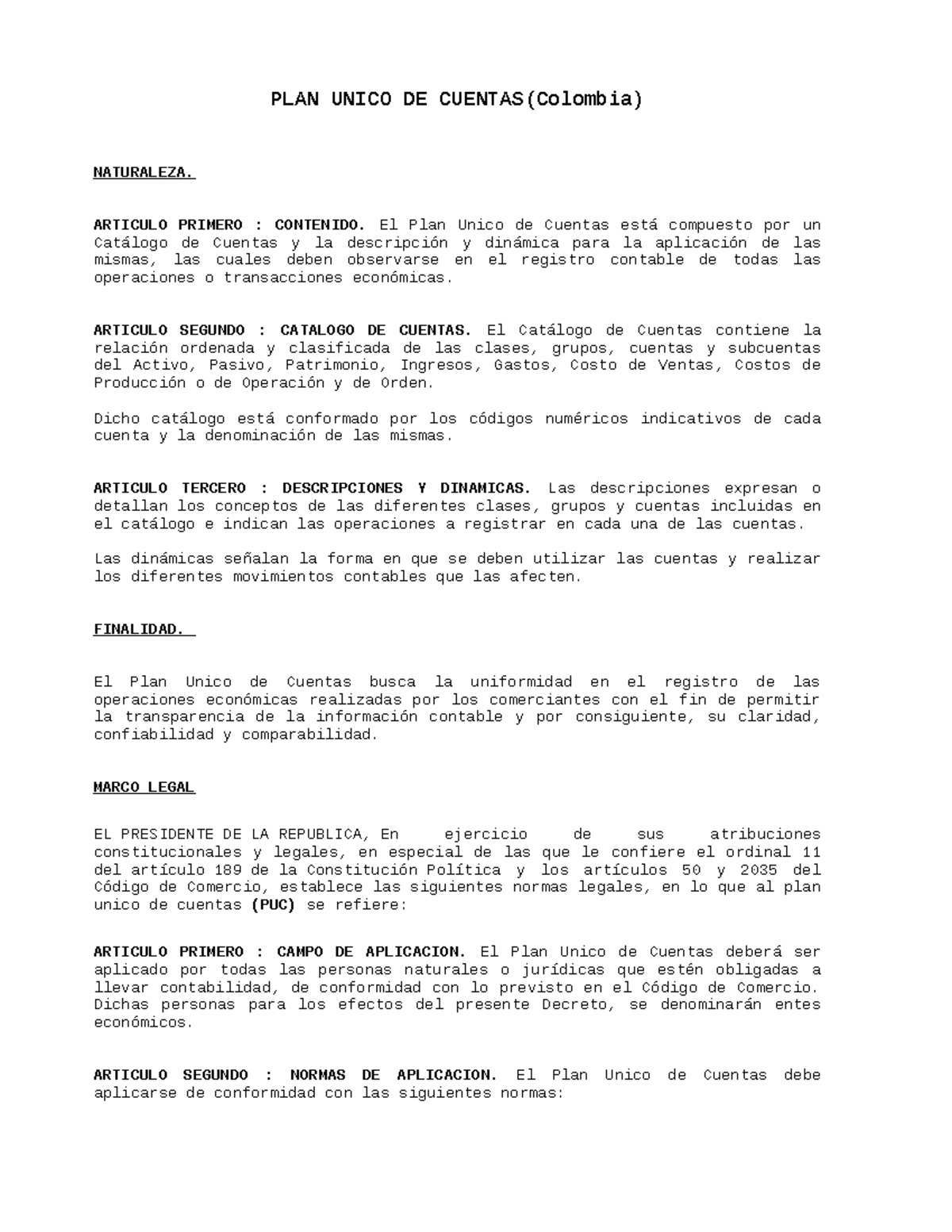 Plan Único de Cuentas (PUC) - Descripción y Normativa Contable - Studocu