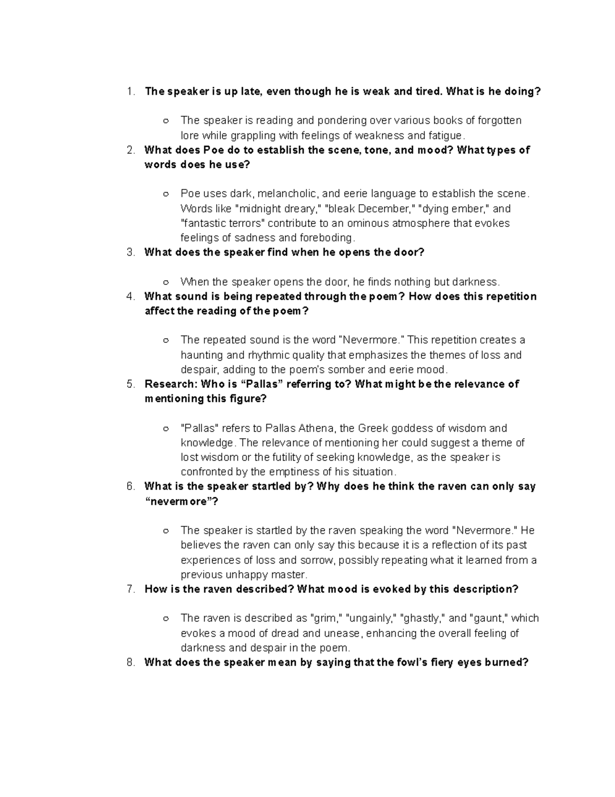 Edgar allen Poe worksheet - The speaker is up late, even though he is ...