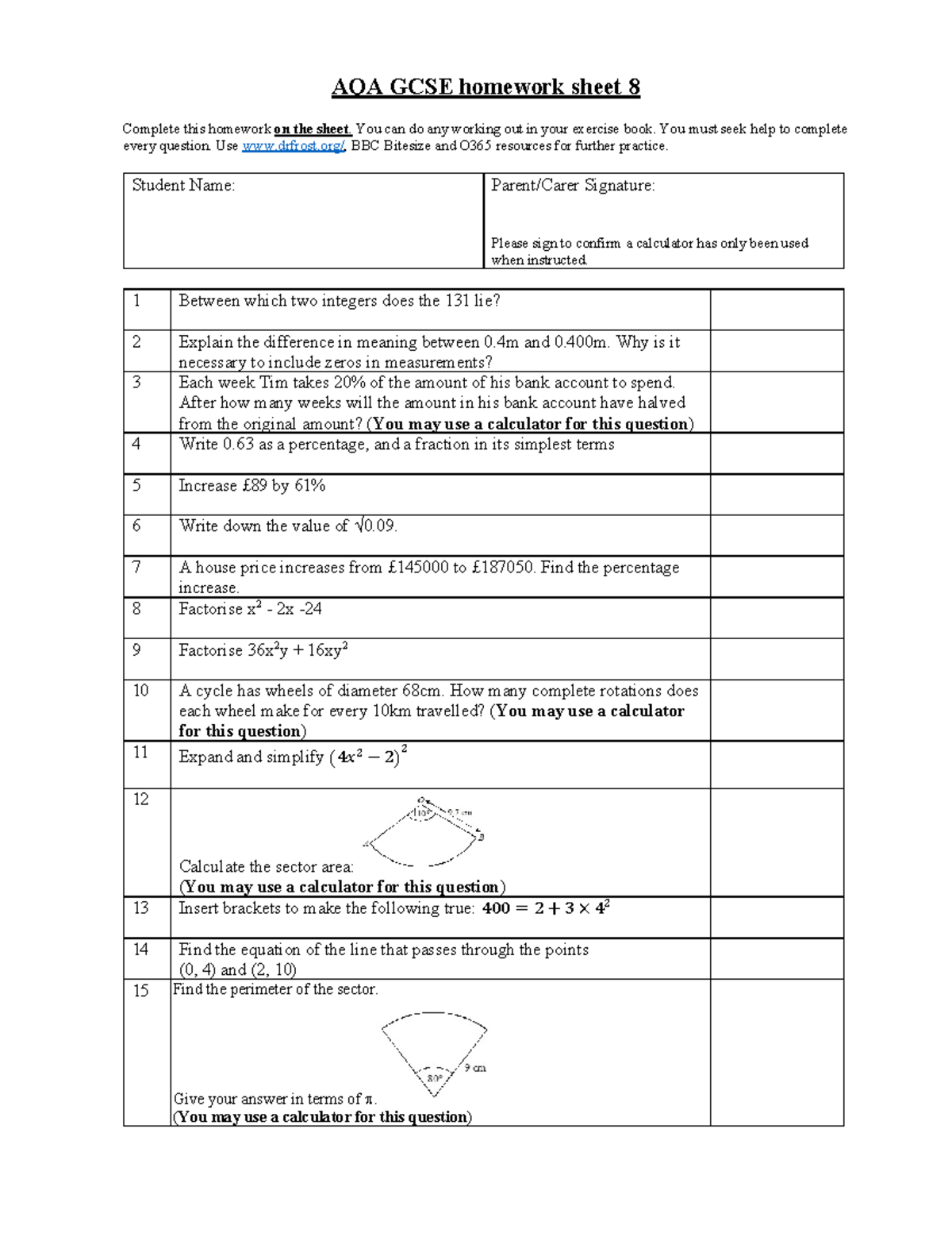 GCSE Maths Homework Sheet 8: Revision & Practice Tasks - Studocu