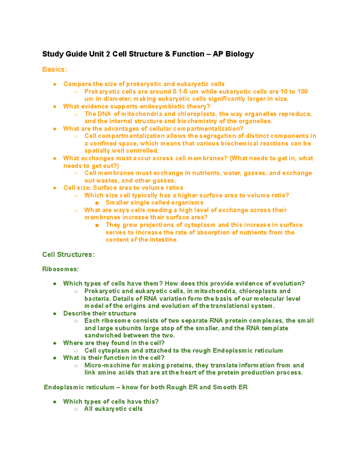 Study Guide Unit 2: Cell Structure & Function – AP Biology - Studocu