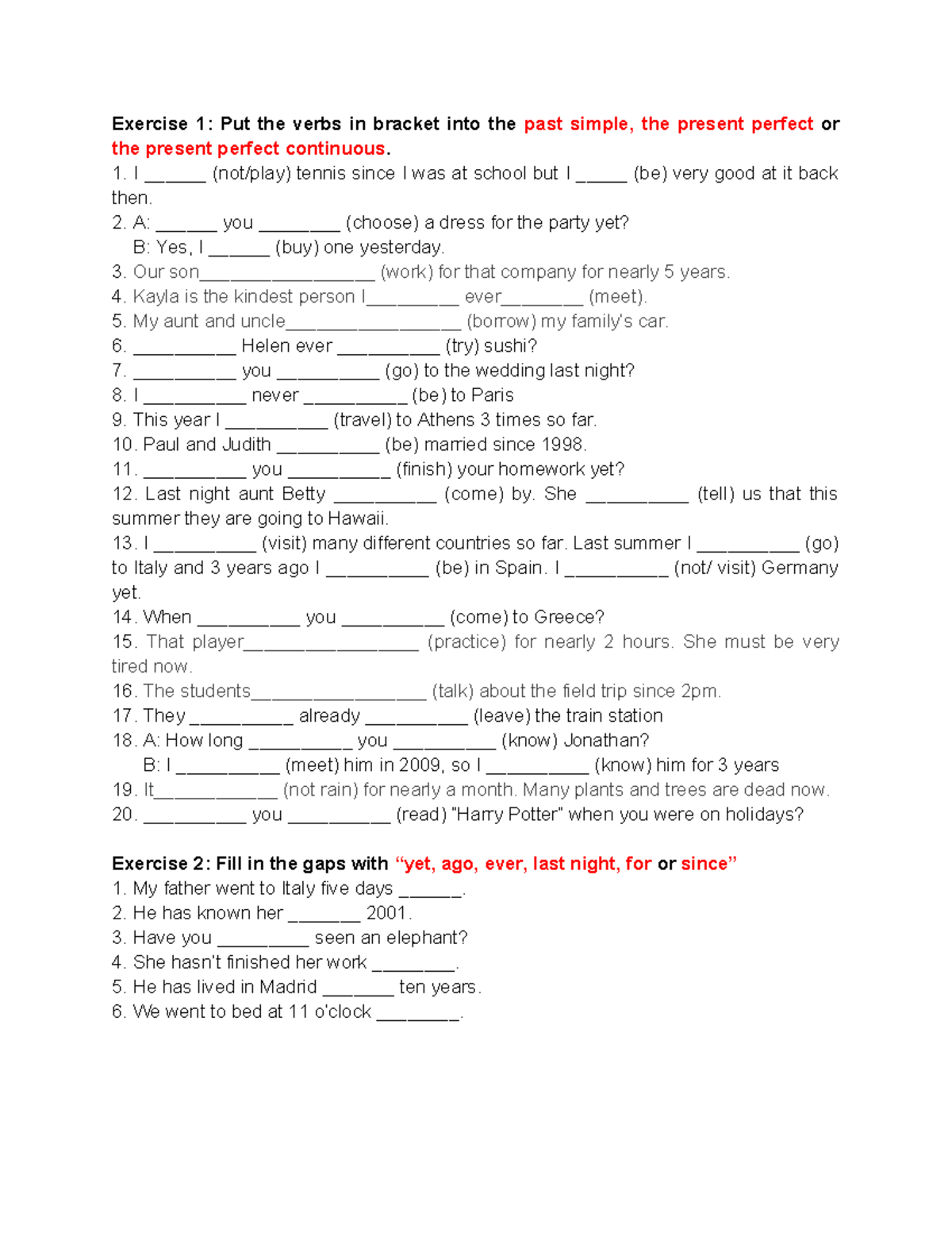 J17 - HW Revision U2: Verb Tenses & Time Expressions Exercises - Studocu