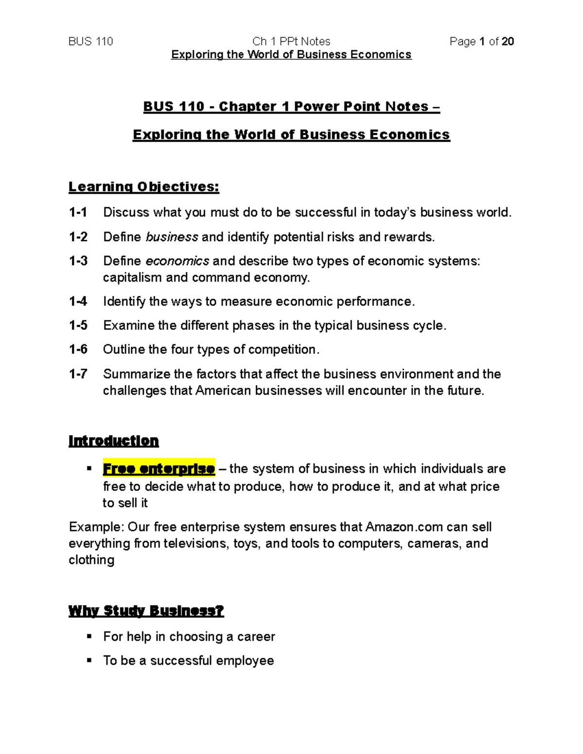 BUS 110 - Chapter 1 PowerPoint Notes: Business Economics Overview - Studocu