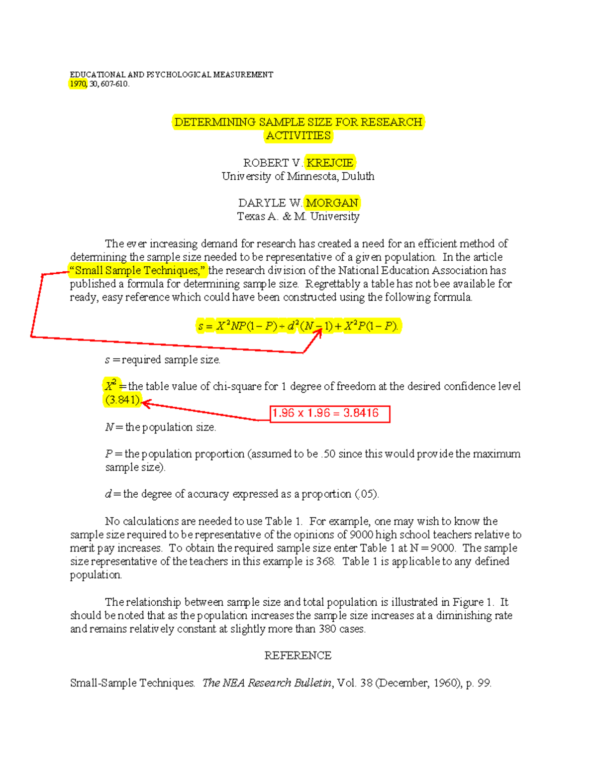 Sample Size Determination for Research Activities (Krejcie & Morgan ...