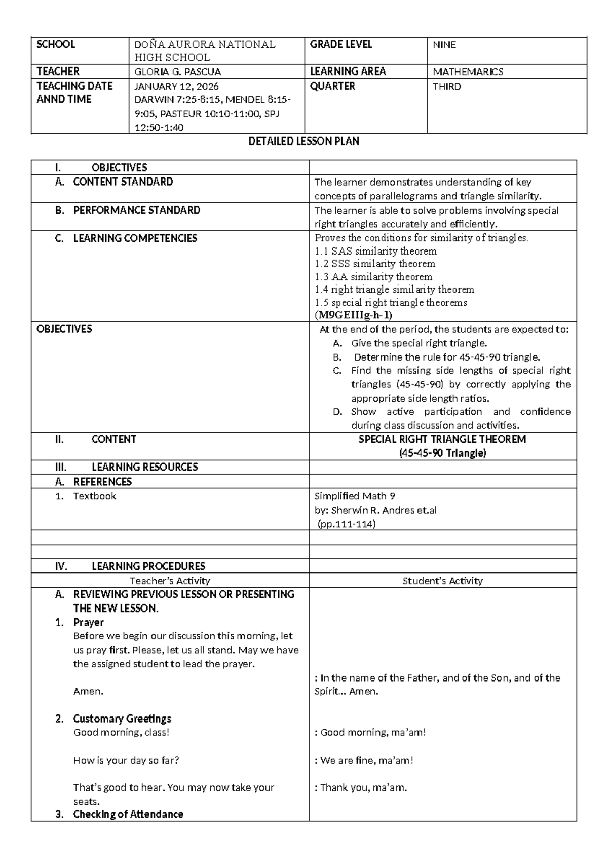 Q3 Math 9 DLP: Detailed Lesson Plan on Special Right Triangles - Studocu