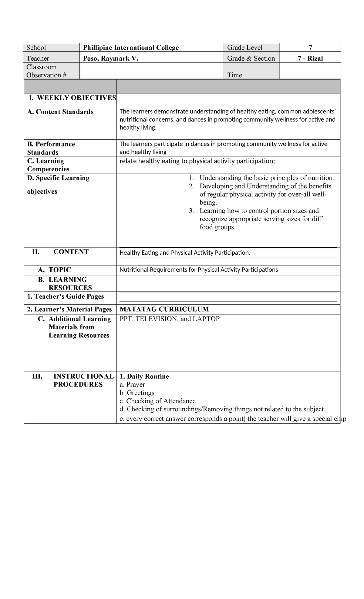 DLP for MATATAG Curriculum - School Phillipine International College ...