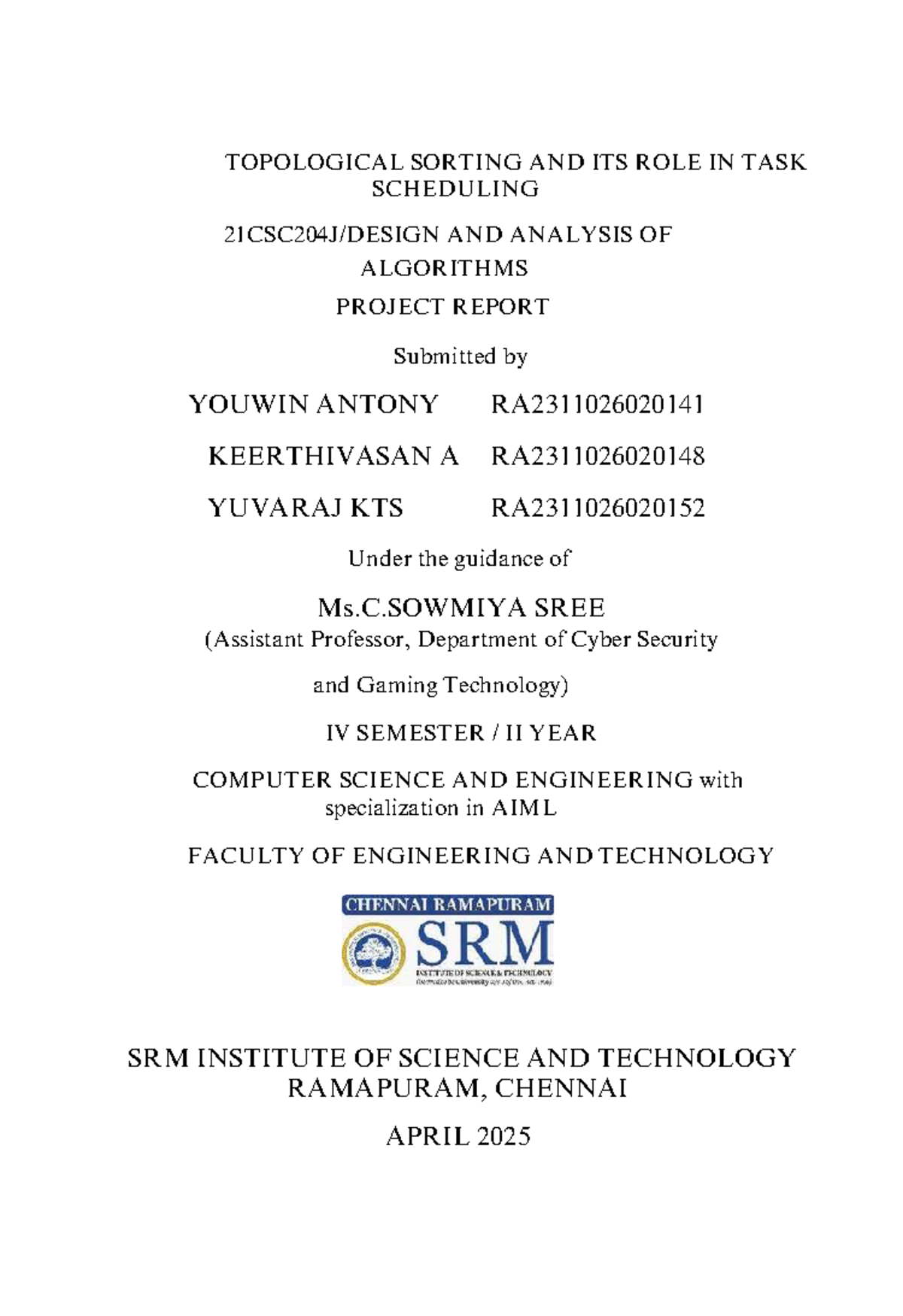 DAA Project Report-1 - topological sorting khan's algorithm - Ms.C SREE ...