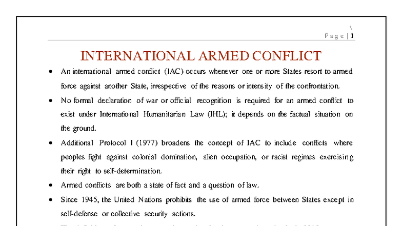 International Armed Conflicts: Key Concepts and Legal Framework - Studocu