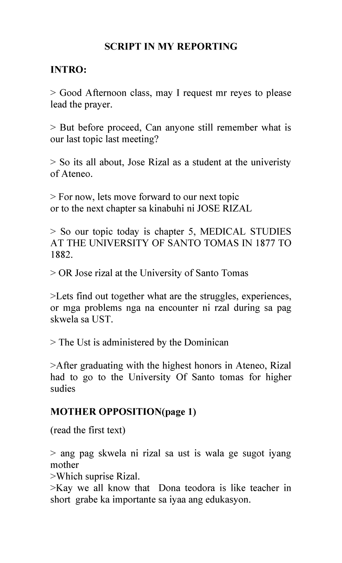 Jose Rizal's Medical Studies at UST: A Reporting Script (Course Code ...