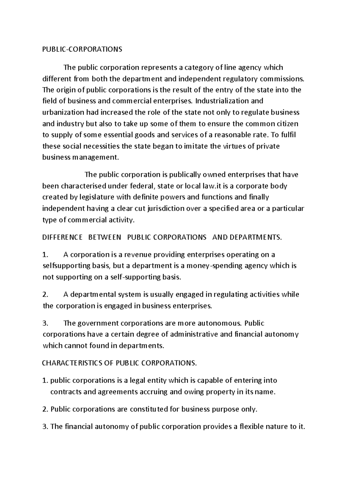 Lecture Notes on Public Corporations: Definition and Characteristics ...