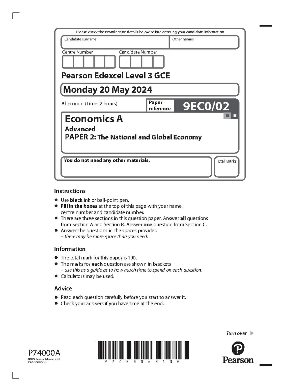 Edexcel A Level Economics Paper 2: National & Global Economy - June ...